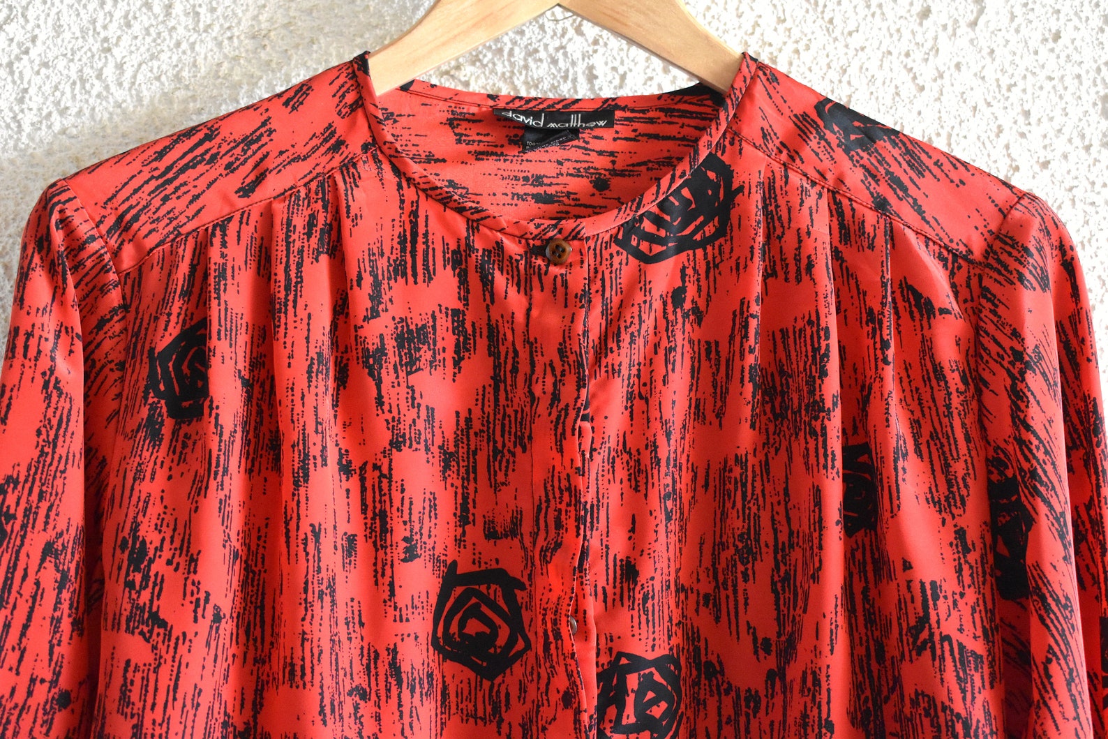 Vintage 90's Red Print Shirt/ Collarless Button-up/ Abstract Roses ...