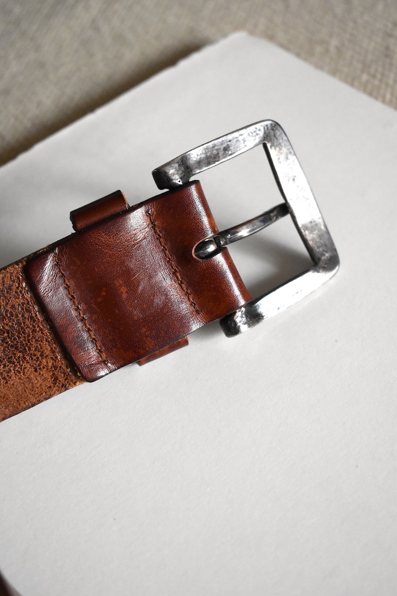 Vintage 90's Chunky Whiskey Brown Leather Belt/ Silver | Etsy