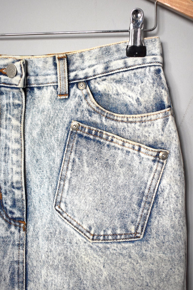 Vintage 80s Rifle Acid Wash Denim Mini Skirt High Waisted Blue Acid Wash Jean Skirt Hipster