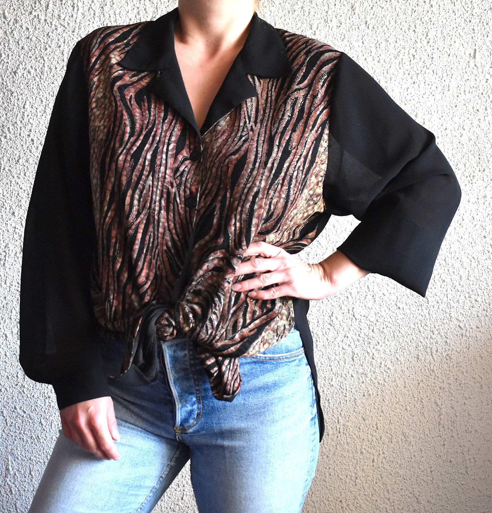 Vintage 90's Sheer Back Print Shirt/ Patterned Stretchy Button-up ...