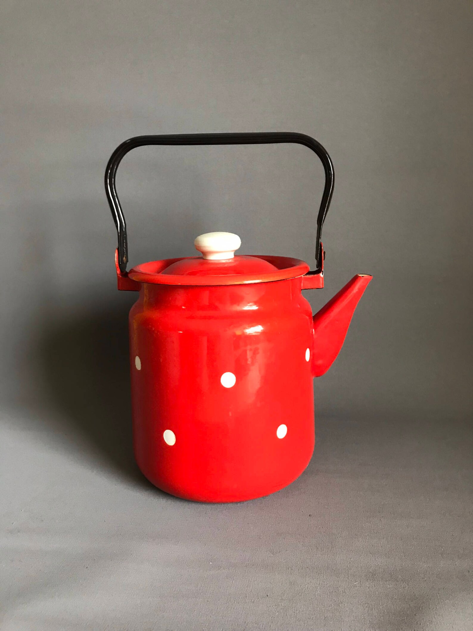 Vintage Enamel Kettle / Enamelware / White Enamel / Polka Dot | Etsy