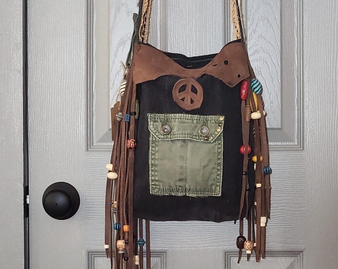 Fringed Jean Purse With Brown Leather Beaded Upcycled Handmade Lined ...