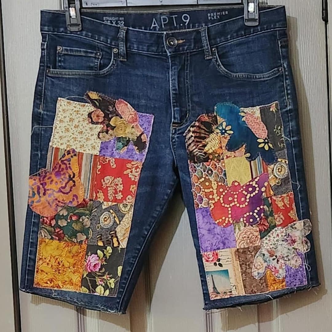 Long Jean Shorts Upcycled Denim With Patches Patchwork Front Back ...