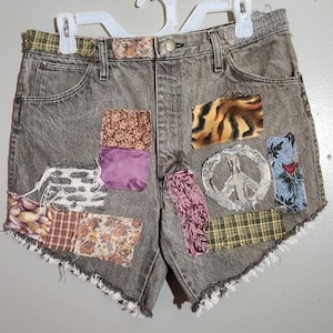 34" Patched Denim Shorts With Patches Jeans Patchwork Grunge Peace Sign ...