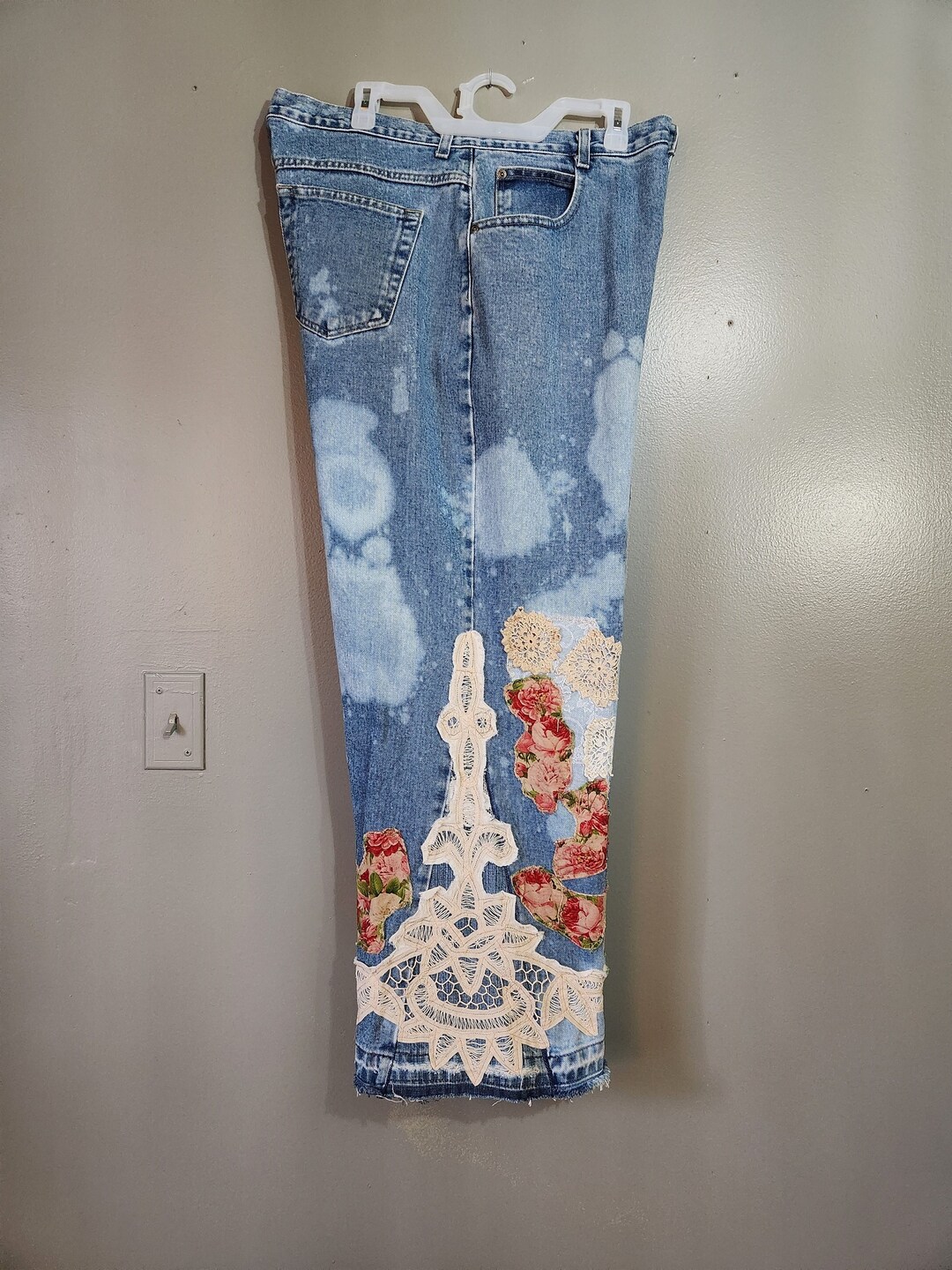 Lace Jeans With Patches Upcycled Denim Patches Floral Rose Extra Large ...