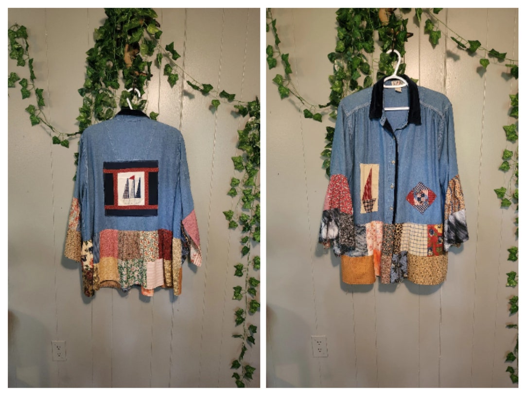 Sz 18 20 Patched on Jeans Shirt Jacket Denim With Patches Nautical ...