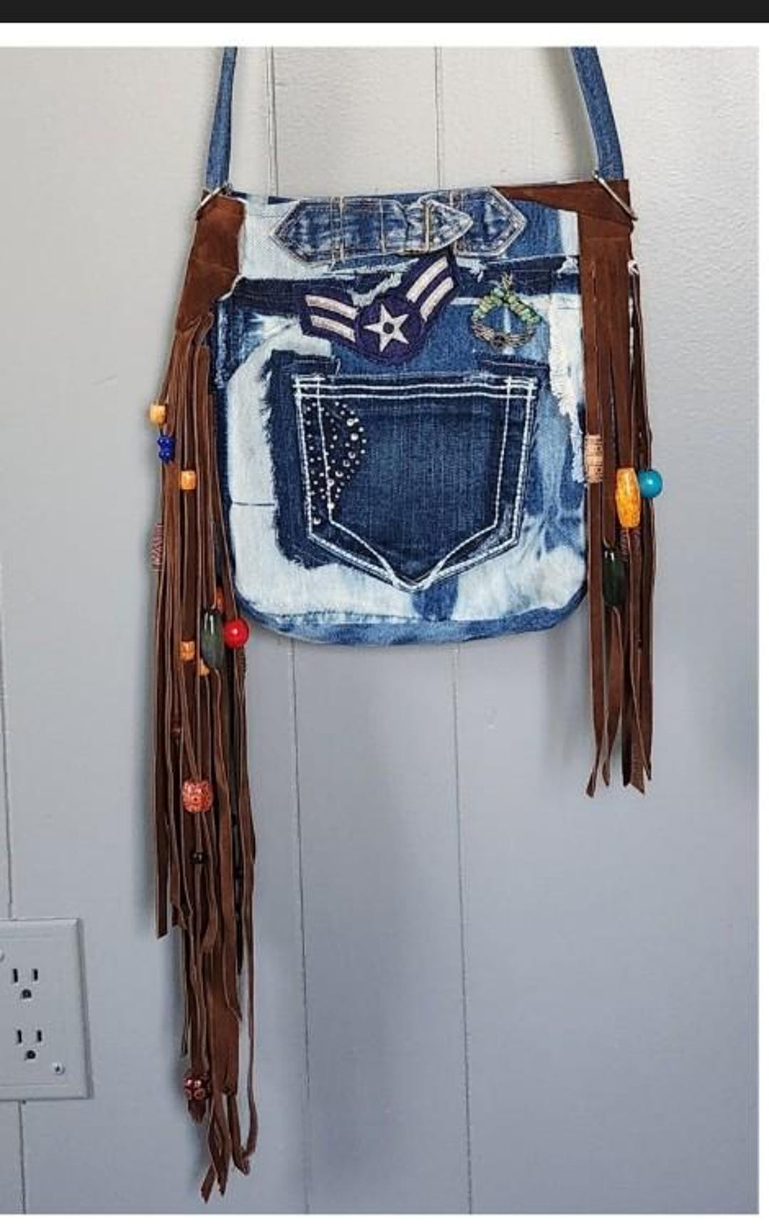 Fringe Boho Purse Upcycled Jeans Bag Denim Patchwork Leather Beads ...