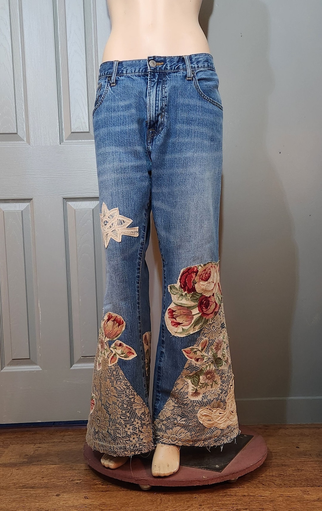 40 Womens Bell Bottom Denim Jeans Lace Floral Patches Plus Size 31long ...