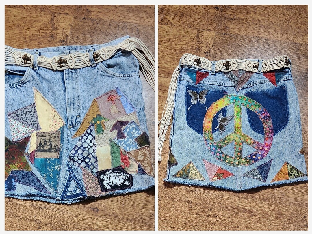 31 Denim Patchwork Jean Skirt With Patches Hippy 70s With Fringe Beaded ...