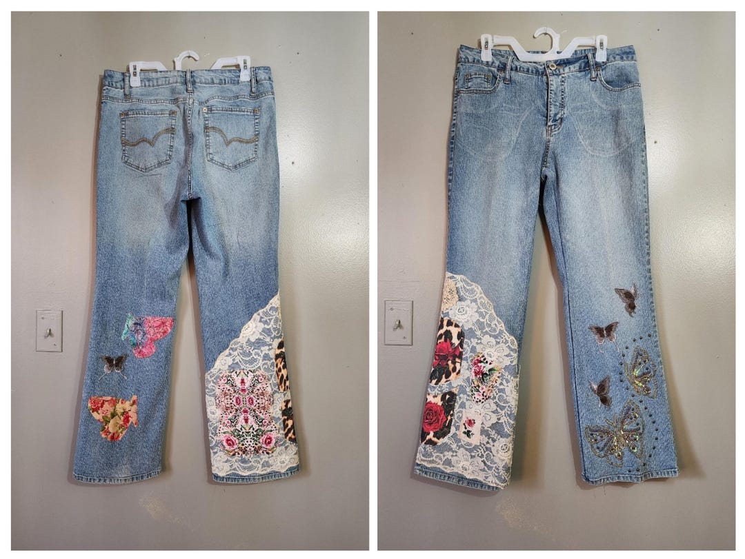 Sz 16 Patched Lace Denim Jeans for Women Patchwork Flare 70s Upcycled ...