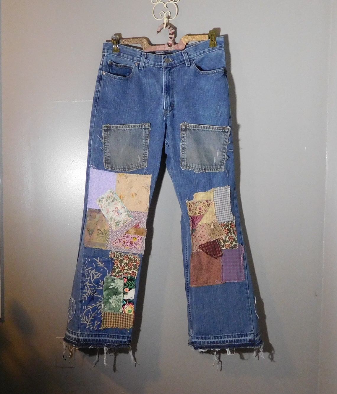 33x30 Patchwork Bell Bottom Jeans Men Boyfriend Patches | Etsy