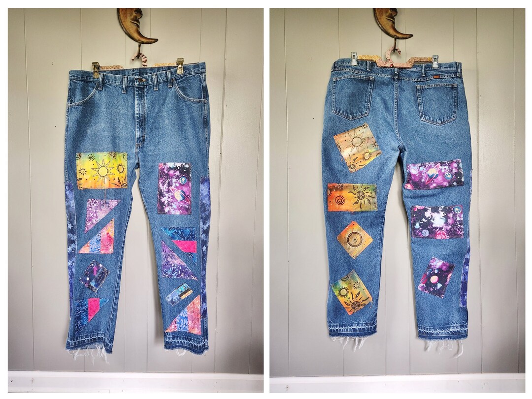 44 Patched Denim Jeans With Patches 44x30 Plus Size Large Big Unisex Cotton Hippie Grunge Boho ...
