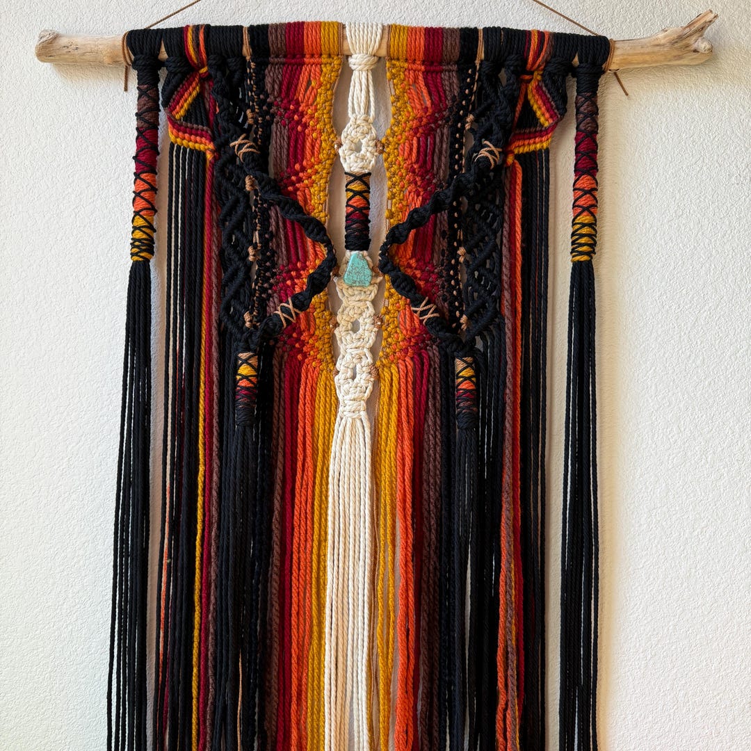 Southwestern Macrame Wall Hanging Tapestry Black Multi Driftwood Boho ...