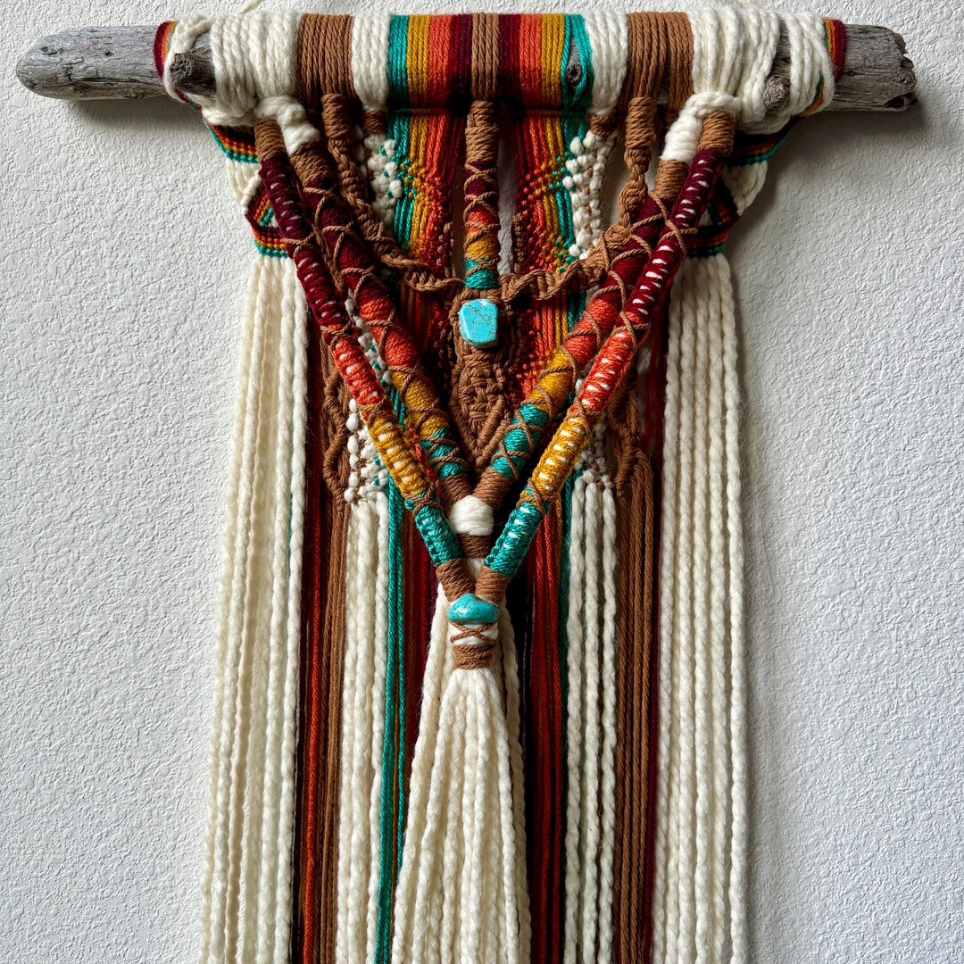 Southwestern Macrame Tapestry Wall Art on Driftwood With Brown Cord and ...