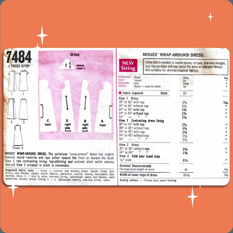 Digital Product - 1960s Wrap-around Dress Sewing Pattern 7484, 32.5 ...