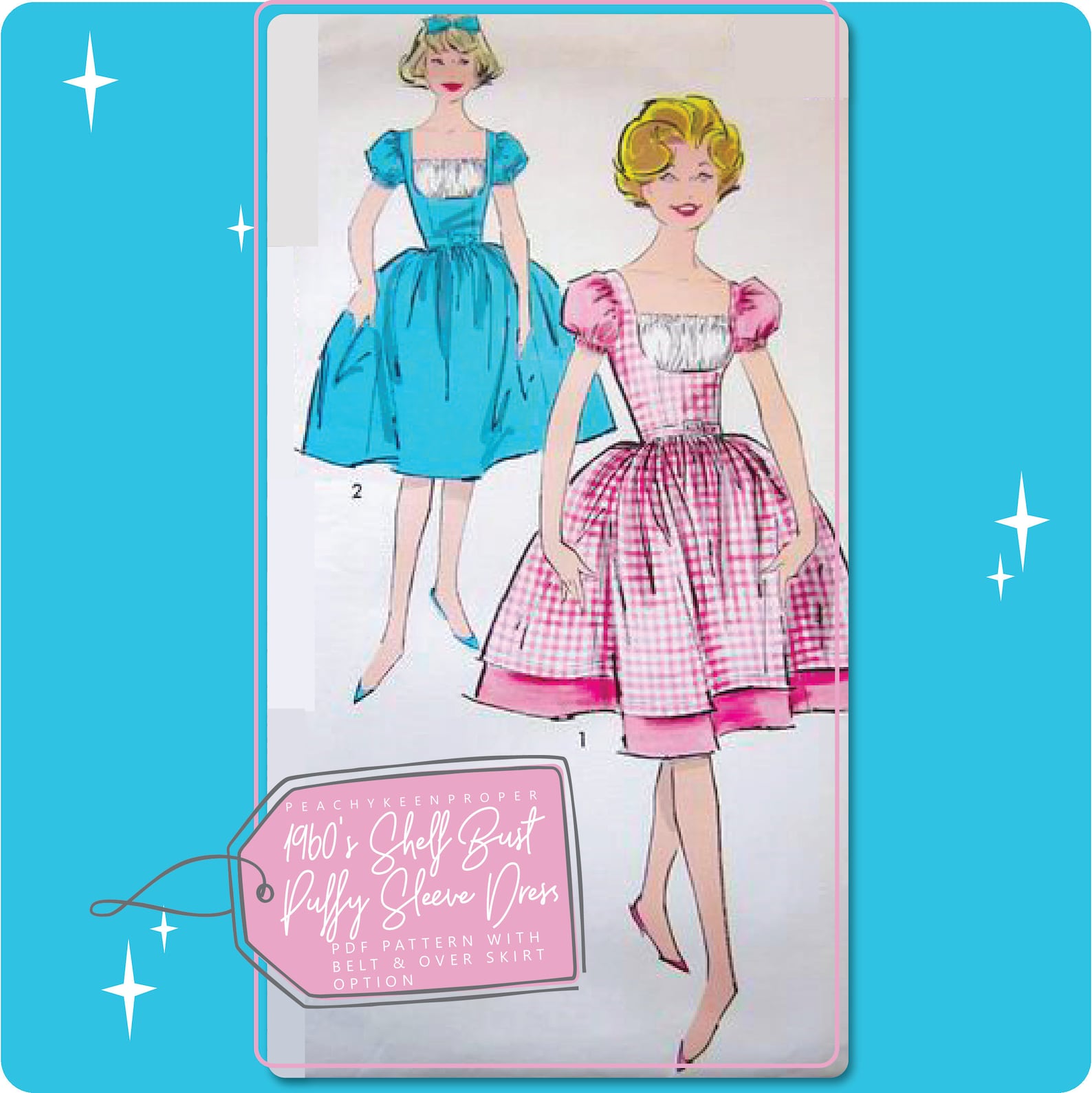 1960s Shelf Bust, Puffy Sleeve Dress Vintage Sewing Pattern 9399, 31.5 ...