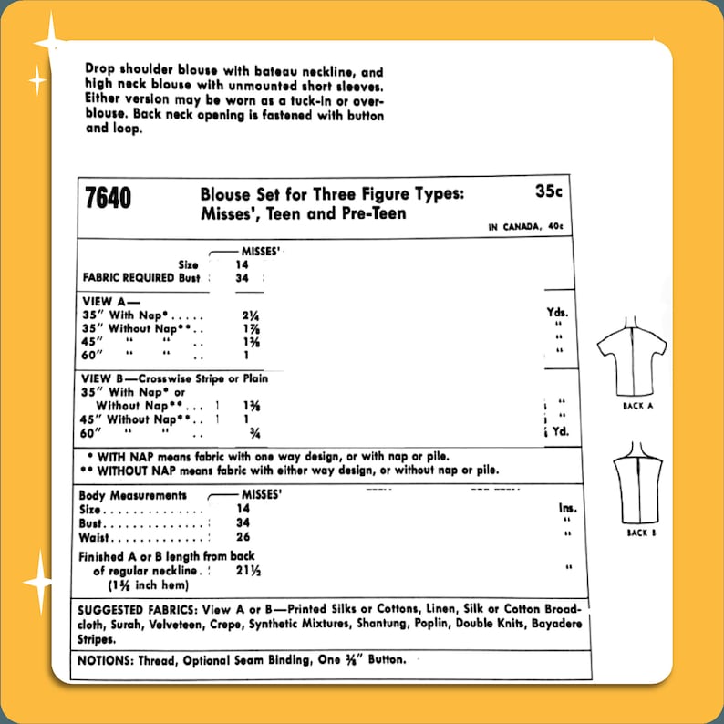 Digital Product - 1960s Closet Staple Blouse Pattern 14m - 7640, 34 ...