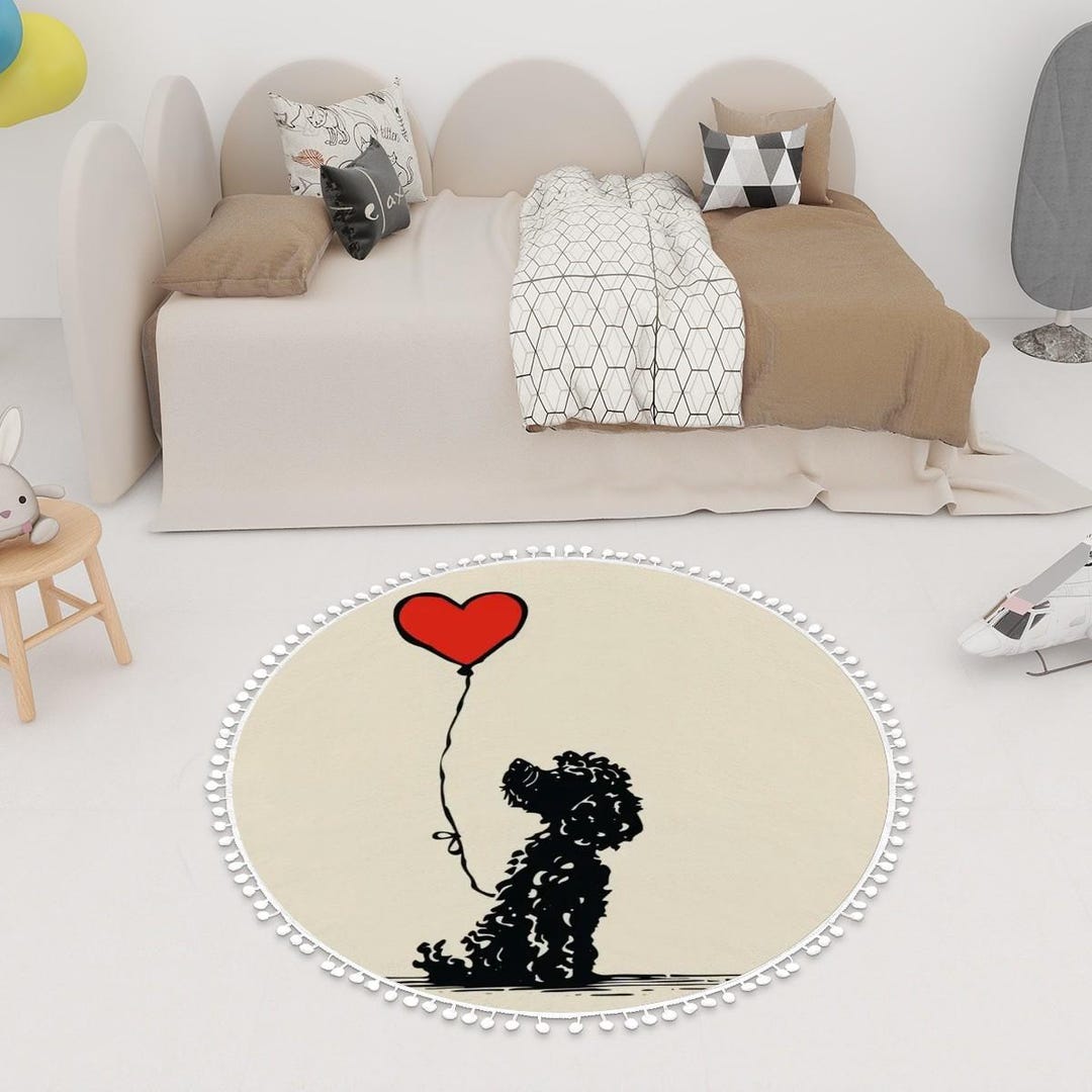 Poodle Doodle Love Round Area Rug With Pom Poms - Etsy