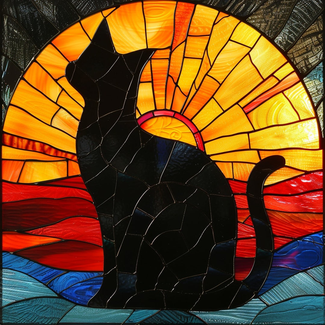 Black Cat Sunrise Sunset Printable Digital Download Faux Stained Glass ...
