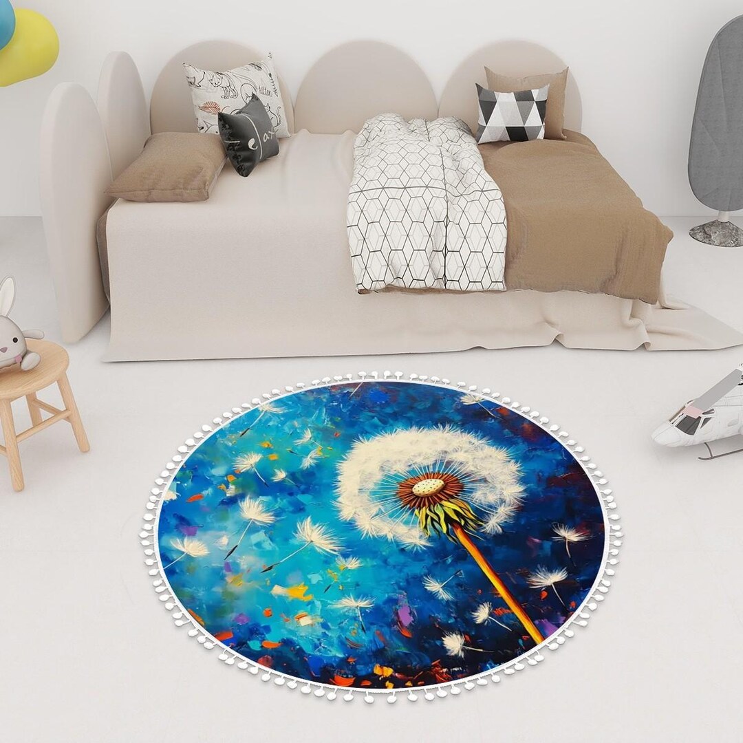 Dandelion Round Area Rug With Pom Poms - Etsy