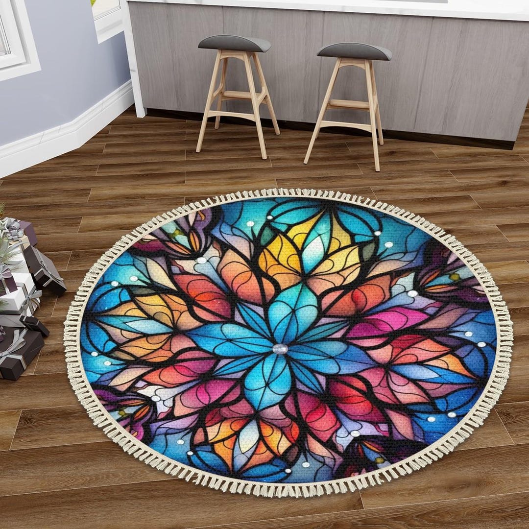 Stained Glass Flower Multiple Sizes Round Area Rug With Tassels - Etsy