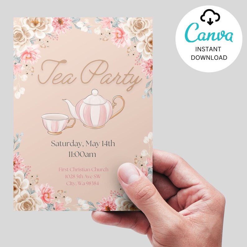 EDITABLE Tea Party Invitation, Birthday Invitations, Canva Invitation ...