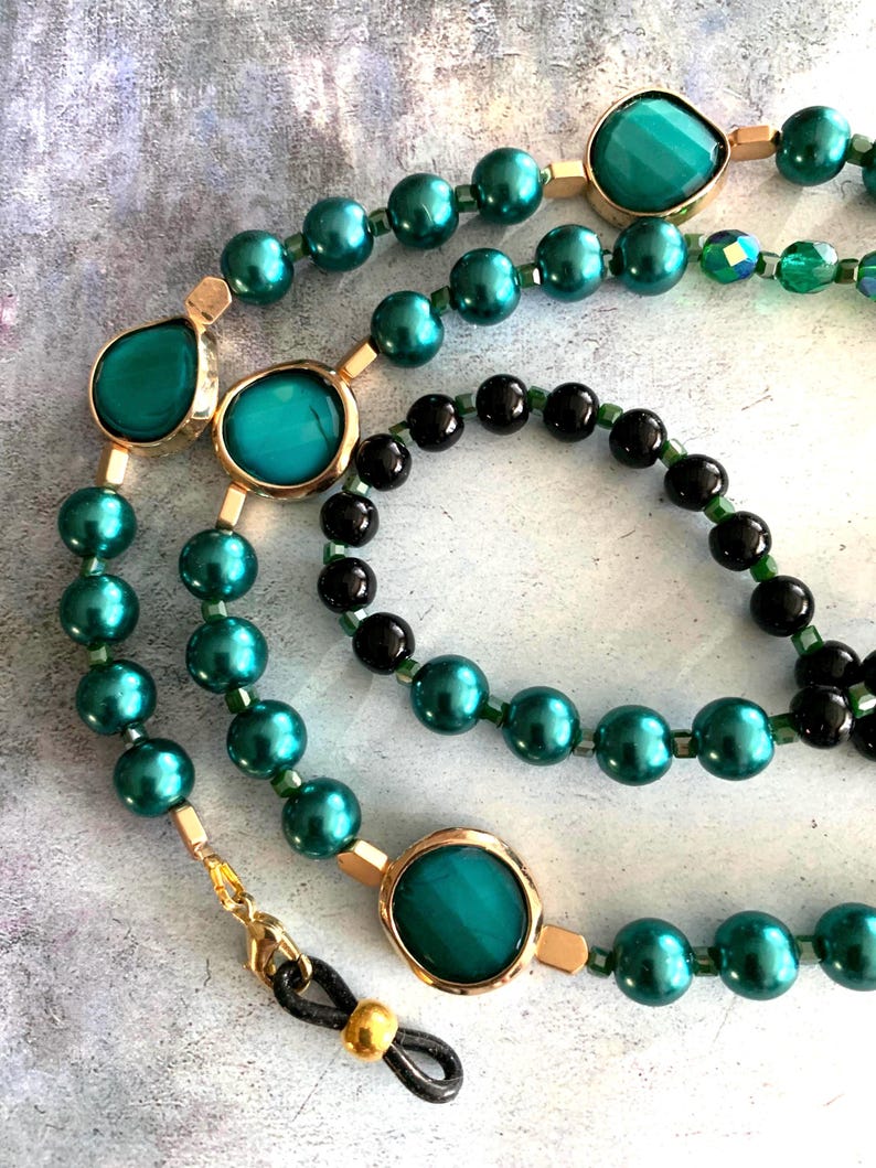 Teal and Black Eyeglasses Chain for Women. Pearl Beaded Sunglasses ...