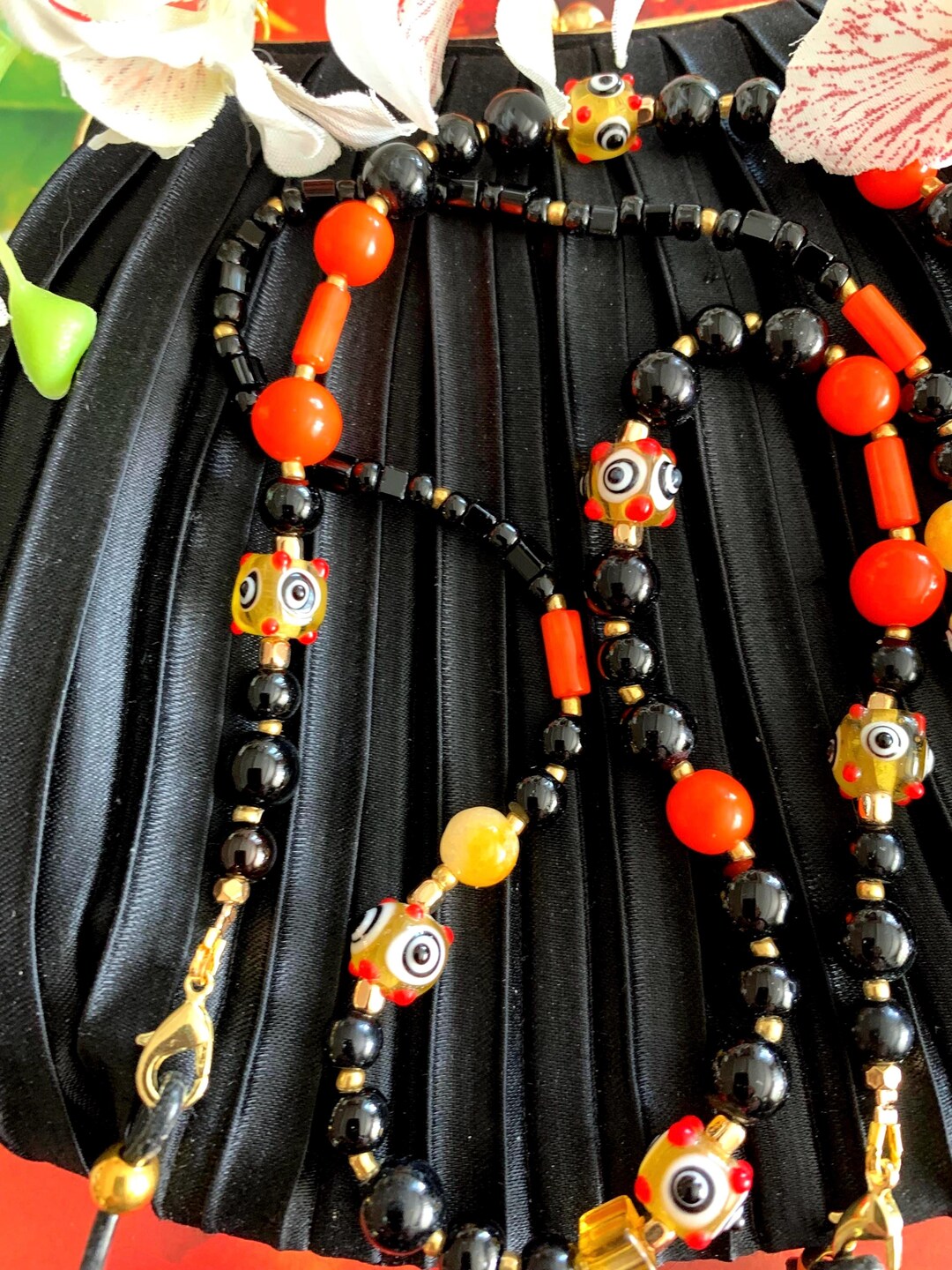 Evil Eye Eyeglasses Chain for Women. Orange and Black Beaded Sunglasses ...