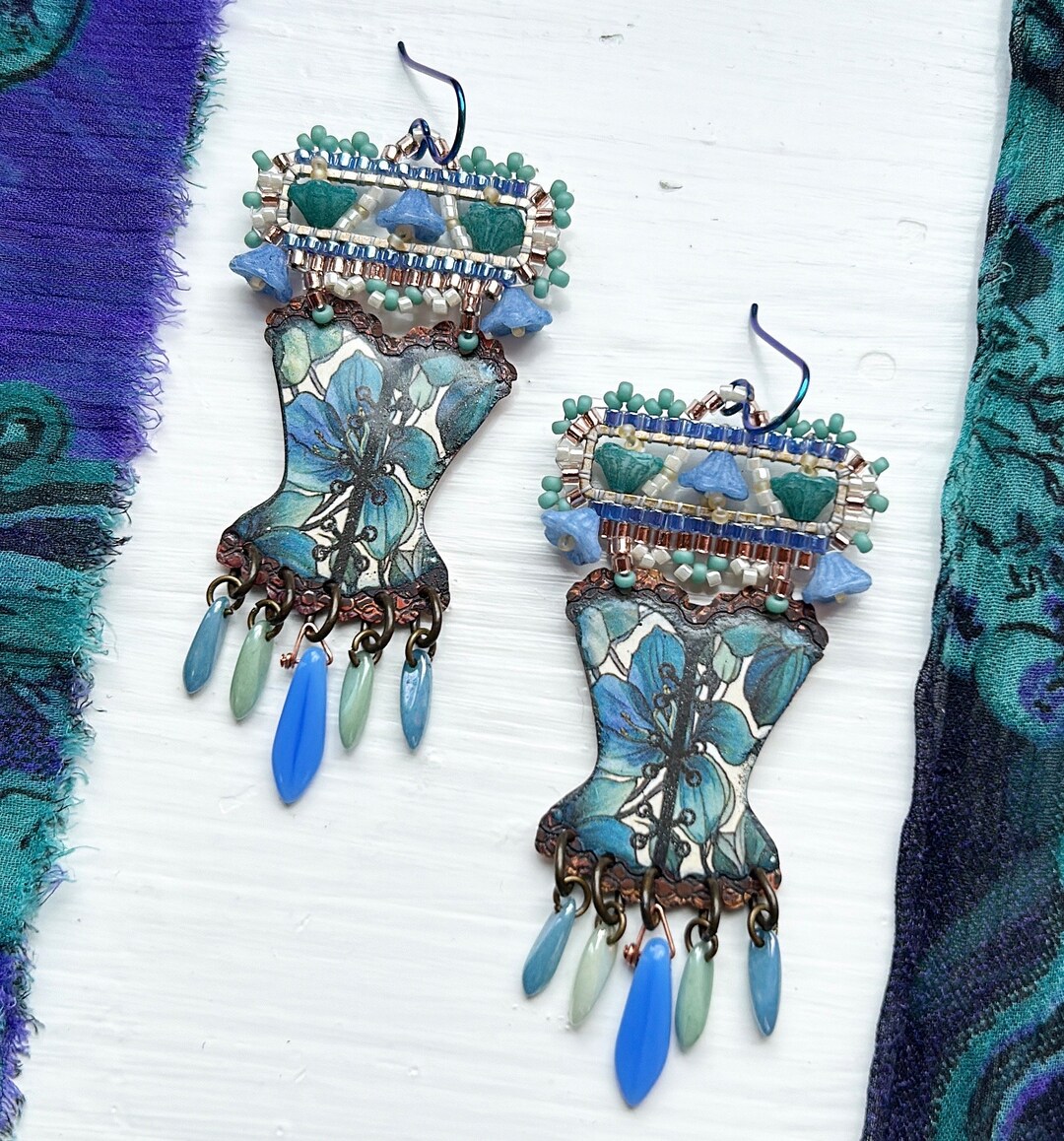 Blue Flower Earrings, Beadwoven Corset Earrings, Turquoise Earrings ...