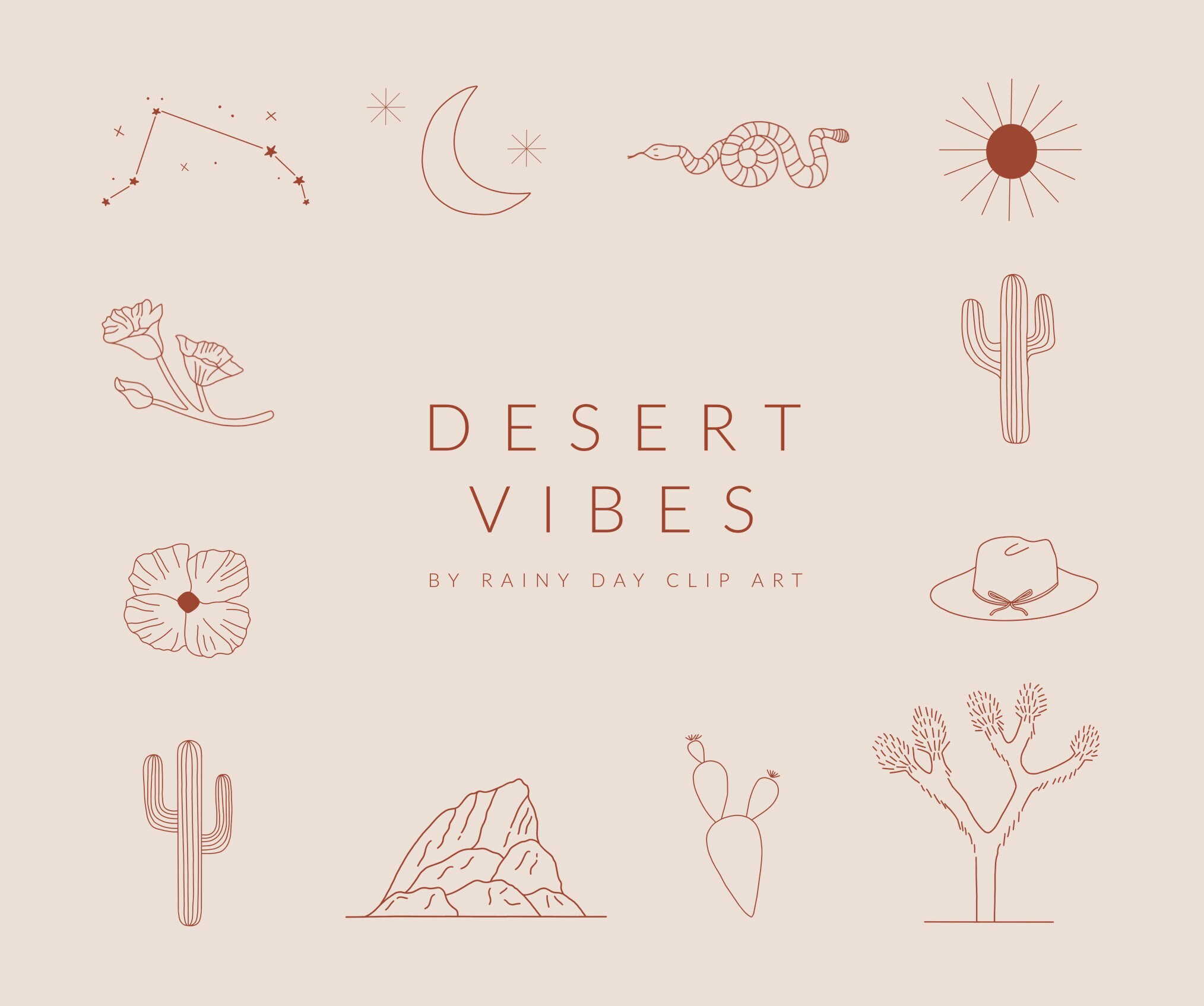 Desert Vibes Clip Art - Hand Drawn White and Rust Colored Desert Clip ...