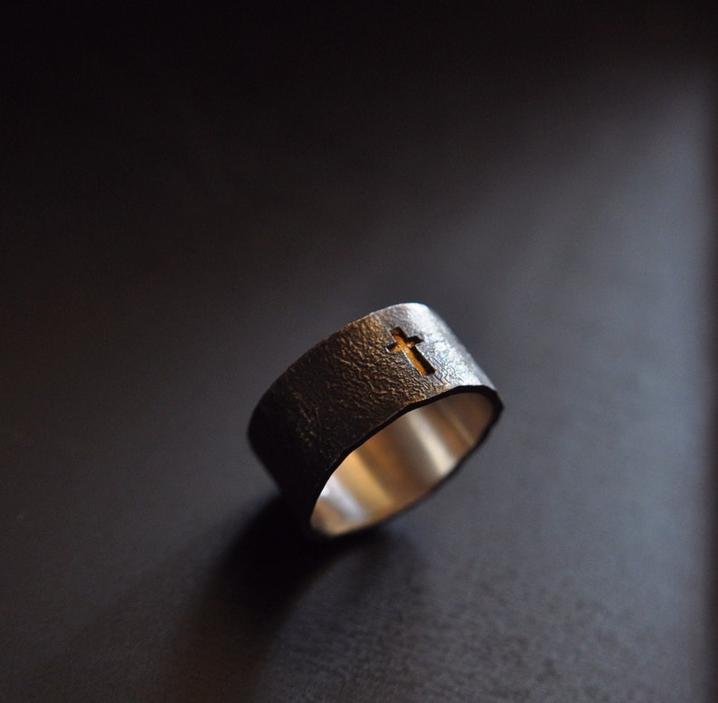 Sterling Silver Gold Cross Ring, Rustic Mens Wedding Band, 10.6mm - Etsy