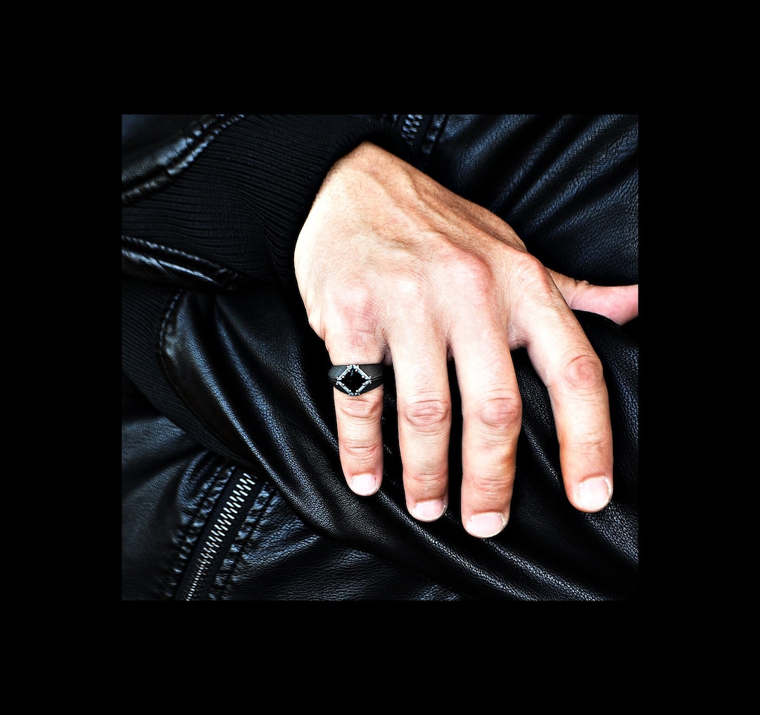 Cyberpunk Black Onyx Ring for Men, Geometric Sterling Silver Promise ...