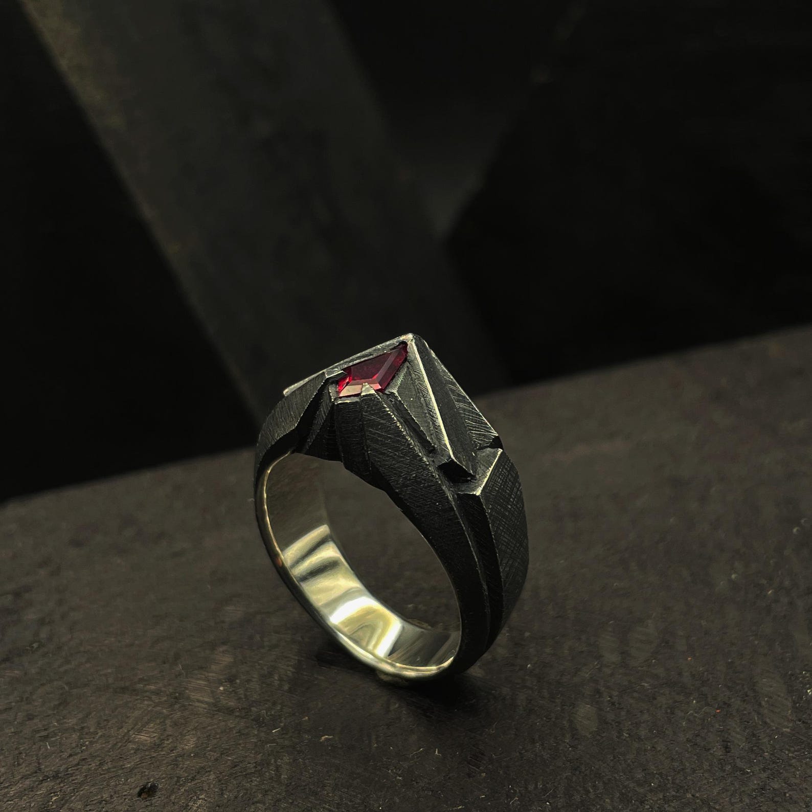 Brutalist Ruby Signet Ring – Geometric Oxidized Sterling Silver ...