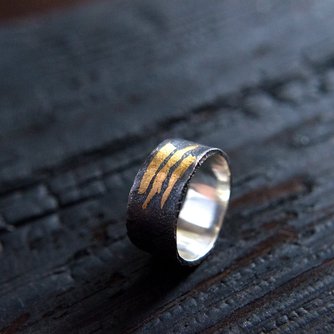 Rustic Keum Boo Silver Ring, Wabi Sabi Gold Accent, Textured Band - Etsy