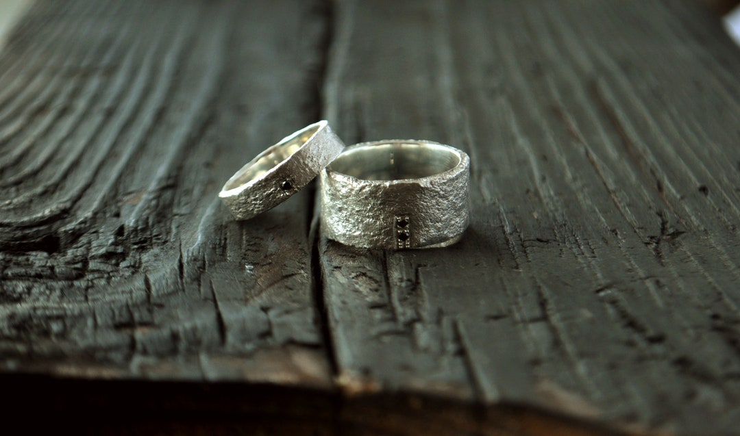 Nature Inspired Textured Wedding Rings, Wedding Band Set Silver, Black ...