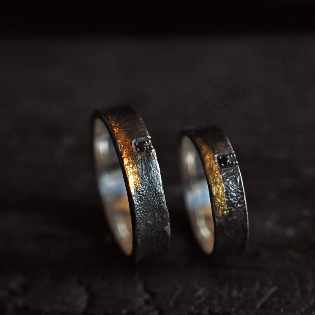 Keum Boo Wedding Ring Set – Sterling Silver, Gold & Black Diamond Bands ...