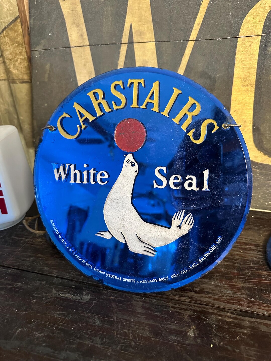 Vintage 1940s CARSTAIRS Seal Whiskey Mirror Glass Display Sign NY Bar ...