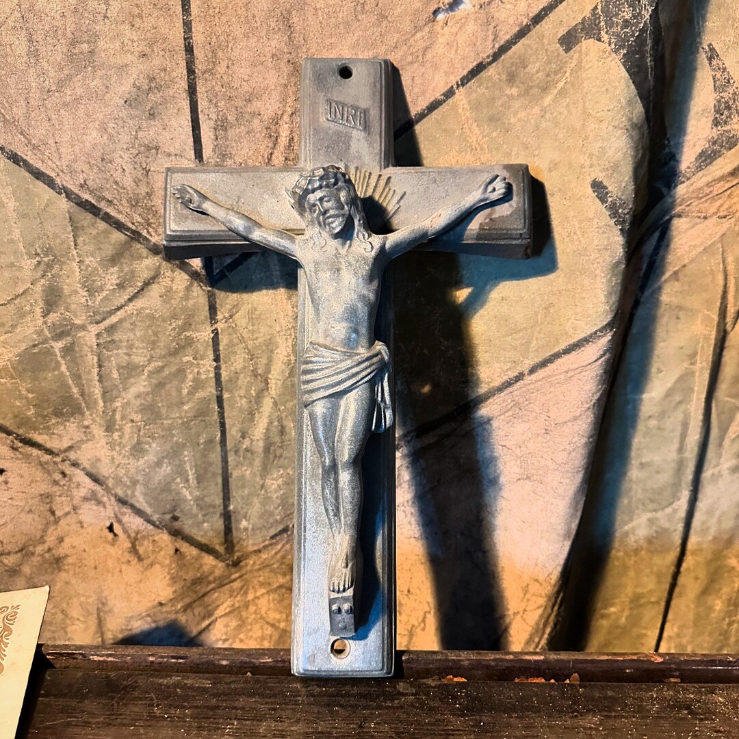 1940s Antique Cross Aluminum Christ Scared Heart Folk Art Country Home ...