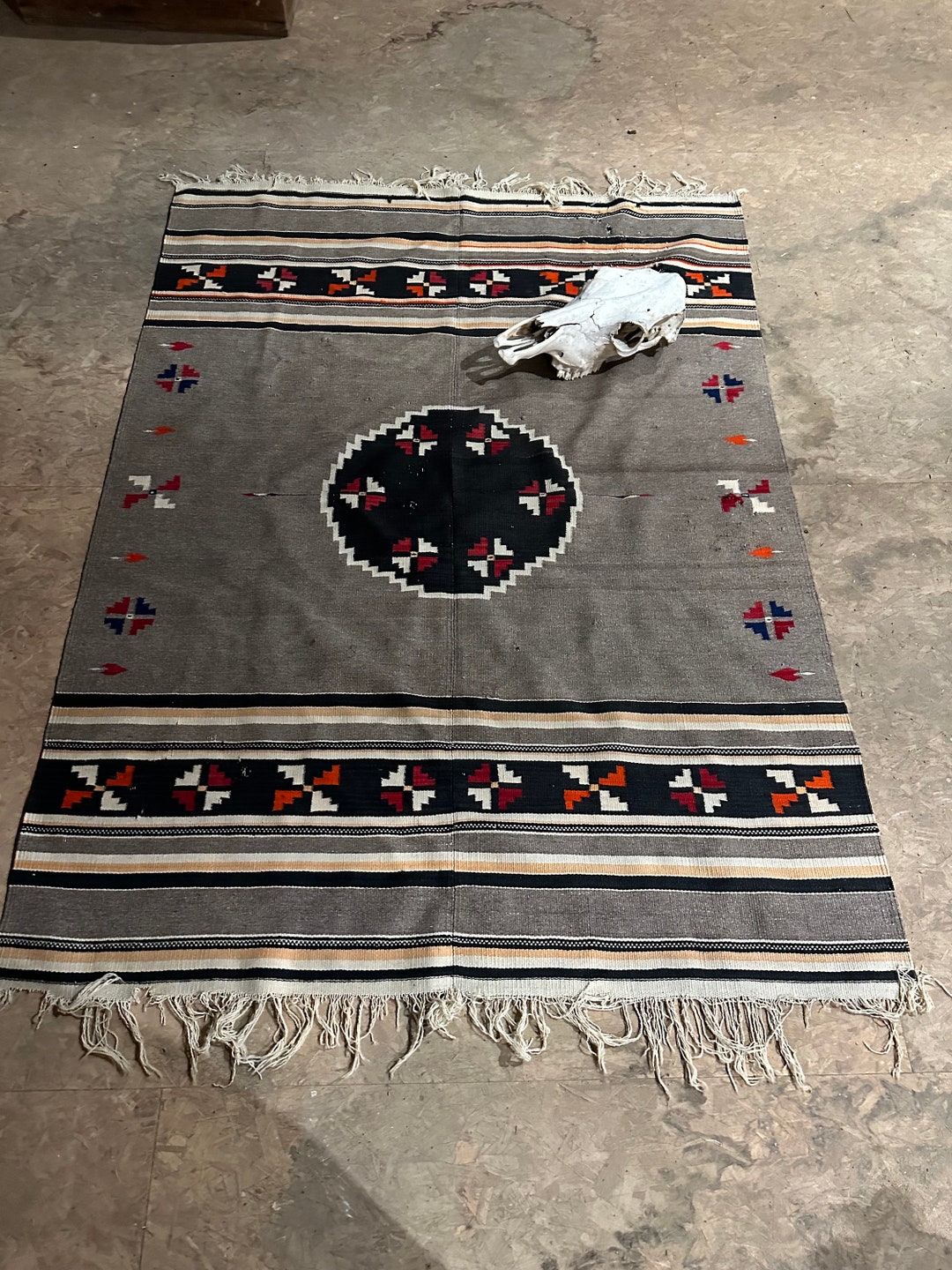 Large VTG Grey Chimayo Southwest Blanket Country Western Rug Native ...