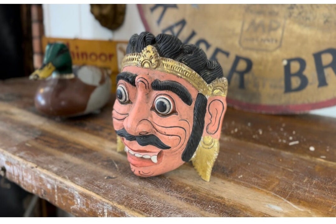 VTG Javanese Wood Dance Masks Hand Carved Painted Indonesian Pink Devil ...