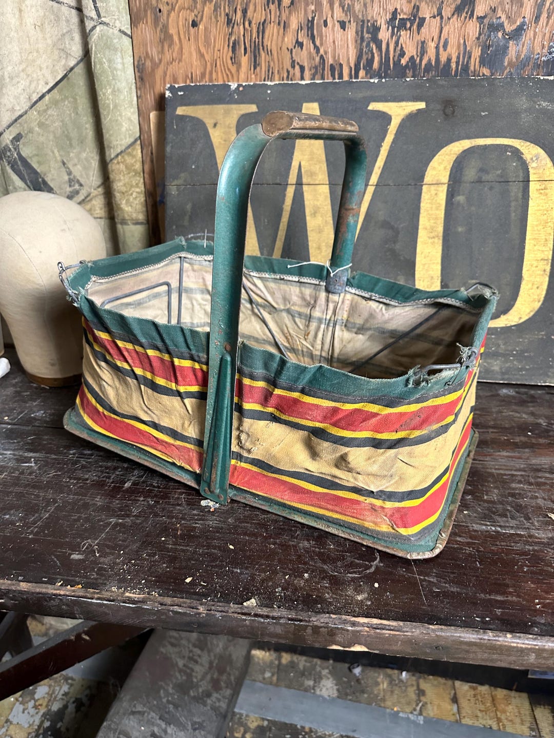 VINTAGE 1950s Department Store Canvas Hand Shopping Basket Bag Cart ...