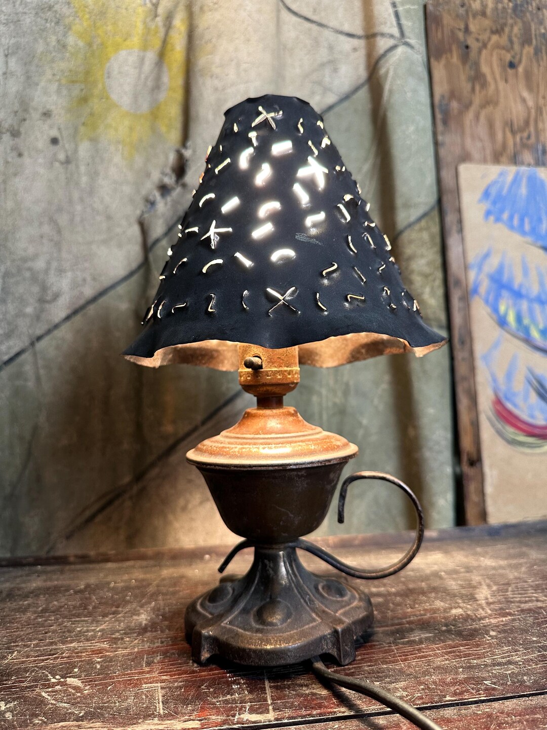 Antique Arts & Crafts Gothic Storybook Table / Bedside Lamp Punched ...
