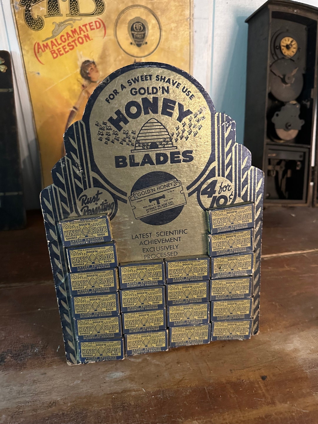 Vintage Gold'n Honey Blades Cardboard Store Display Razor Blades Barber ...