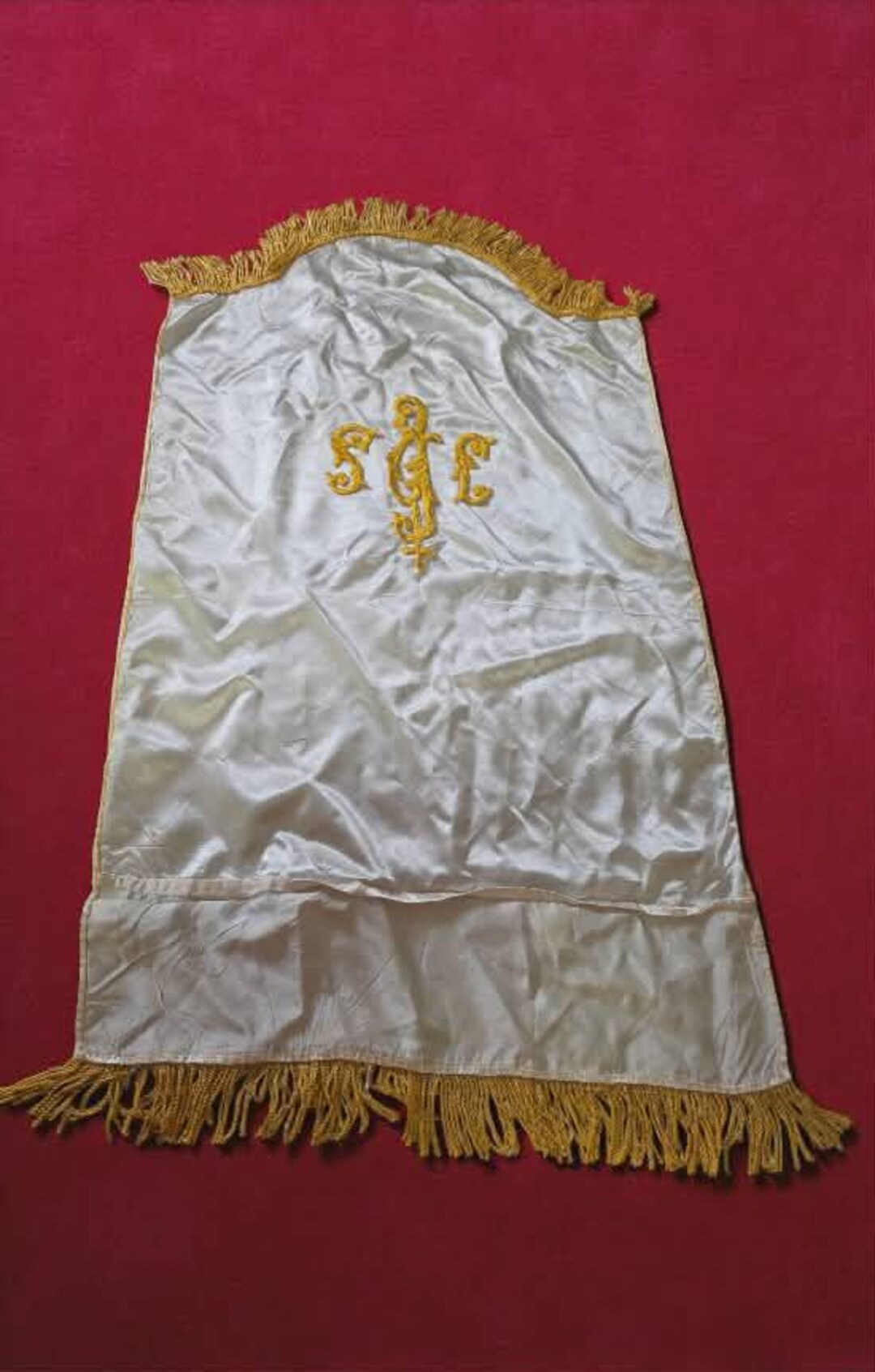 Antique Catholic Church IHS Lectern Tapestry Gold Fringe Altar Cloth C ...