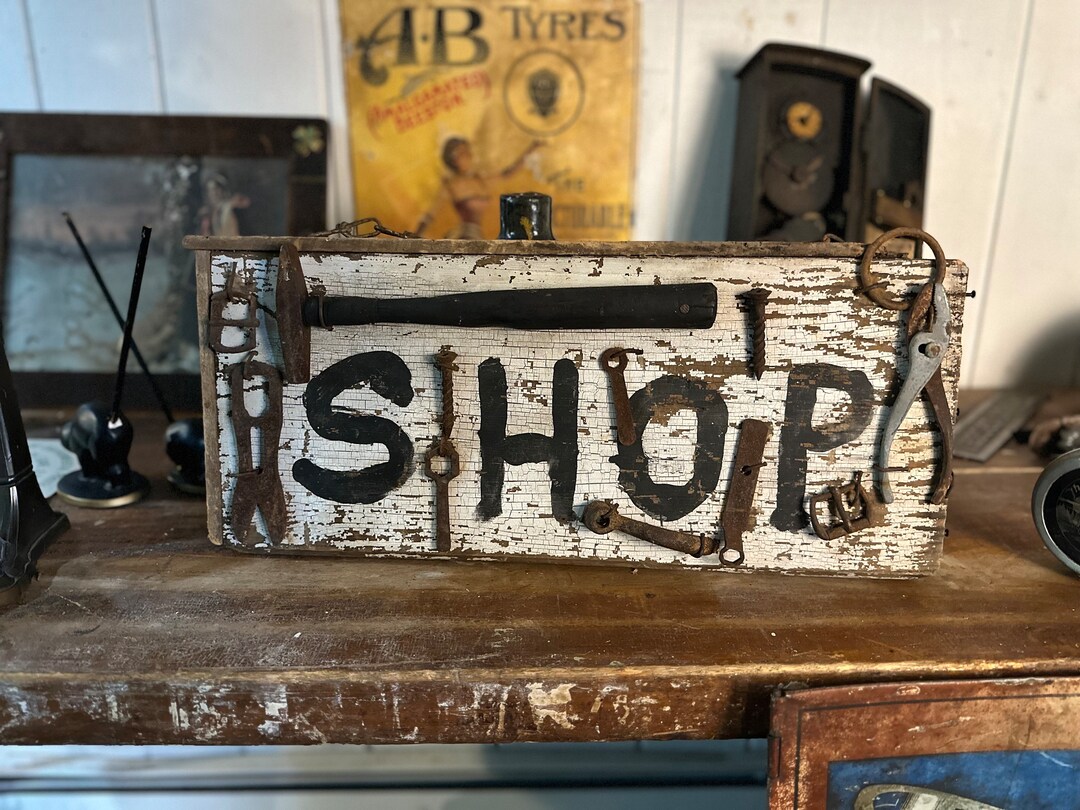 1800s Hardware Collage Shop Sign Open Wood Folk Art Tools Black and ...