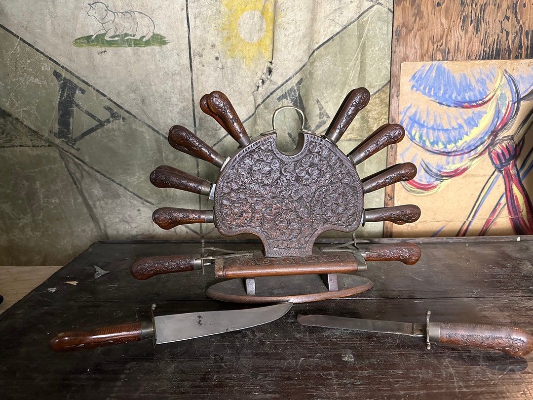 Antique Bombay Indian Wood Carved Knife/fork Carving Set, 32 Pieces ...