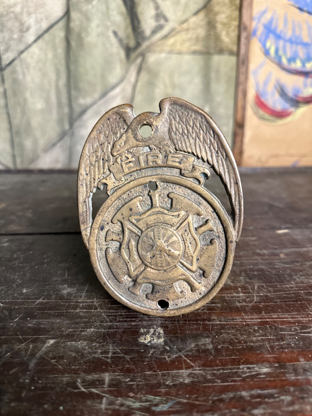 1900 Fireman Badge/pen Grave Marker Fire Station Truck Eagle Brass ...