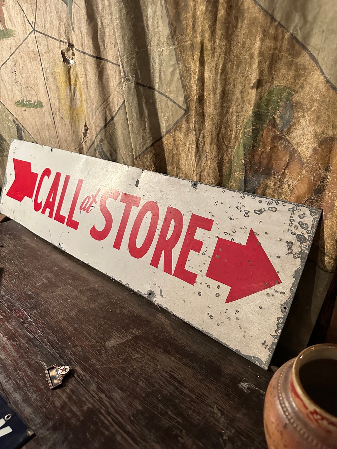 1940s Call at Store Folk Art Advertising Sign Trade Farmhouse Arrow Bar ...
