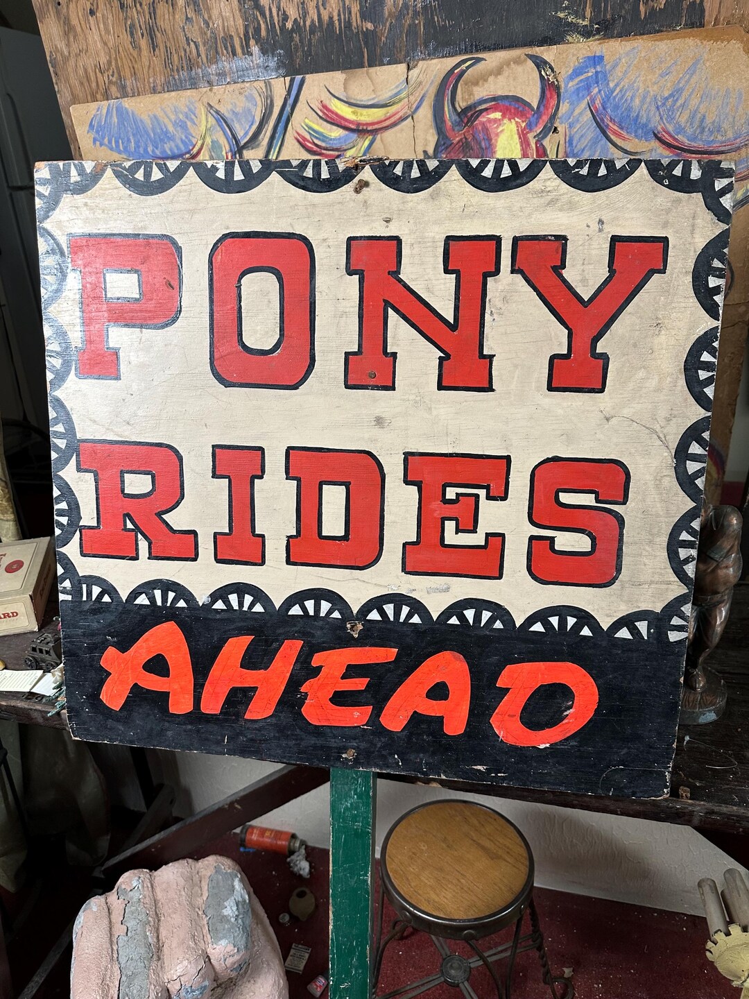 1960s Pony Rides Carnival Sign Hand Painted Advertising Folk Art ...