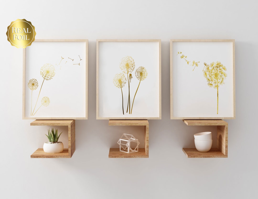Dandelion Print Set of 3 - Gold Foil Dandelion Print - Gold Floral ...